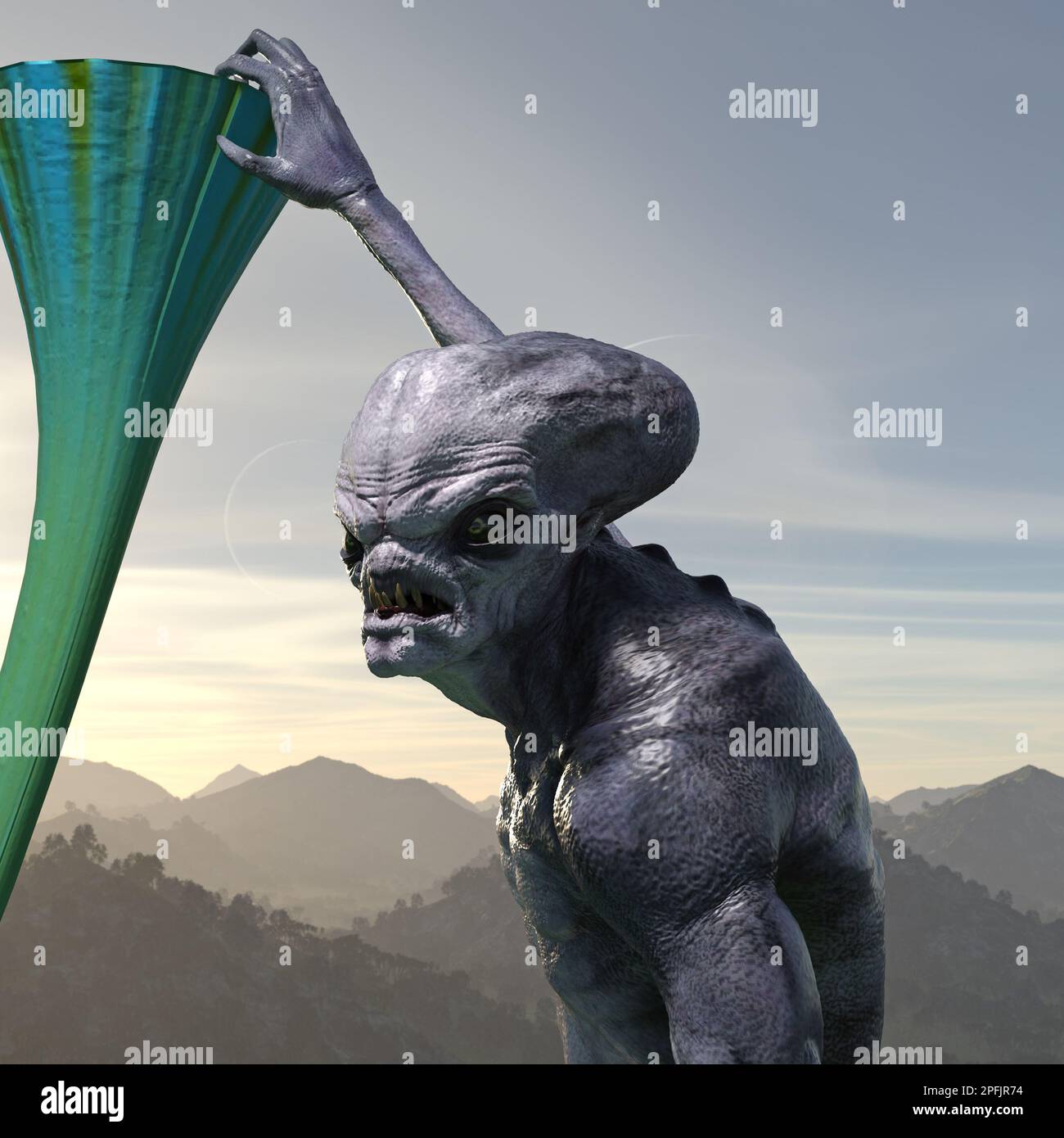 3d illustration of an alien holding onto a tall extraterrestrial plant ...