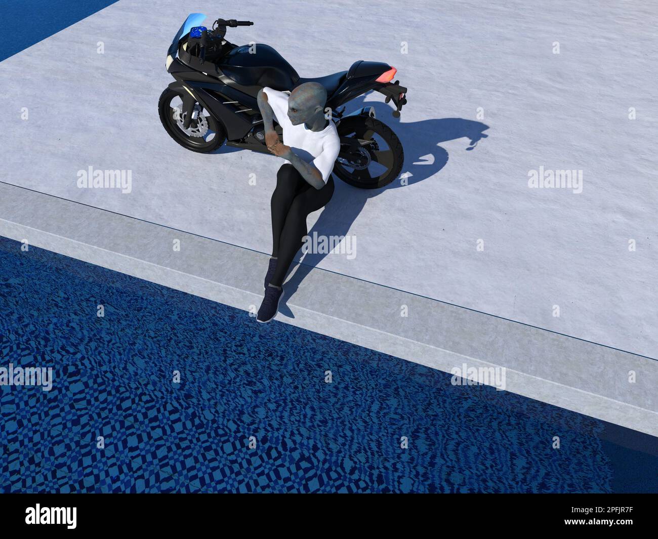 3d Illustration of an alien leaning on a motorcycle next to a pool in a ...