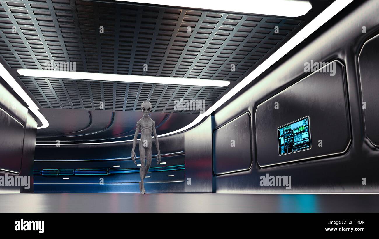 3d Illustration of a single grey alien walking in a long starship ...
