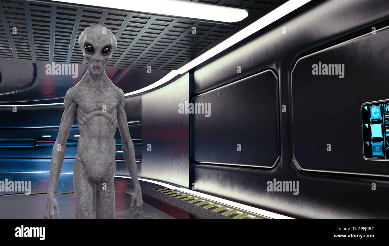 Close view 3d Illustration of a single grey alien walking in a long ...