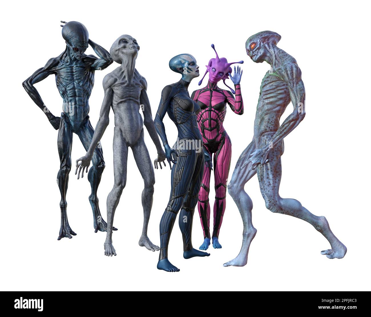 3d Illustration of a group of five aliens in different poses on a white ...