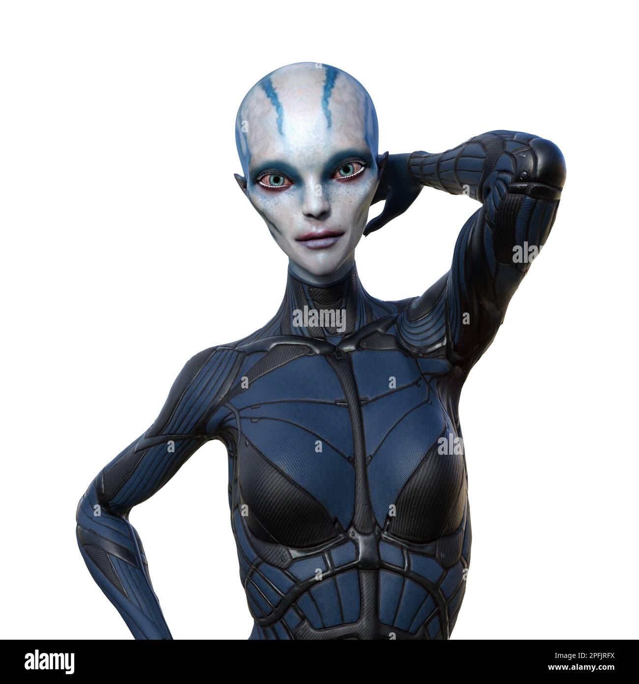 3d illustration of a blue and white skin alien wearing a tight outfit ...
