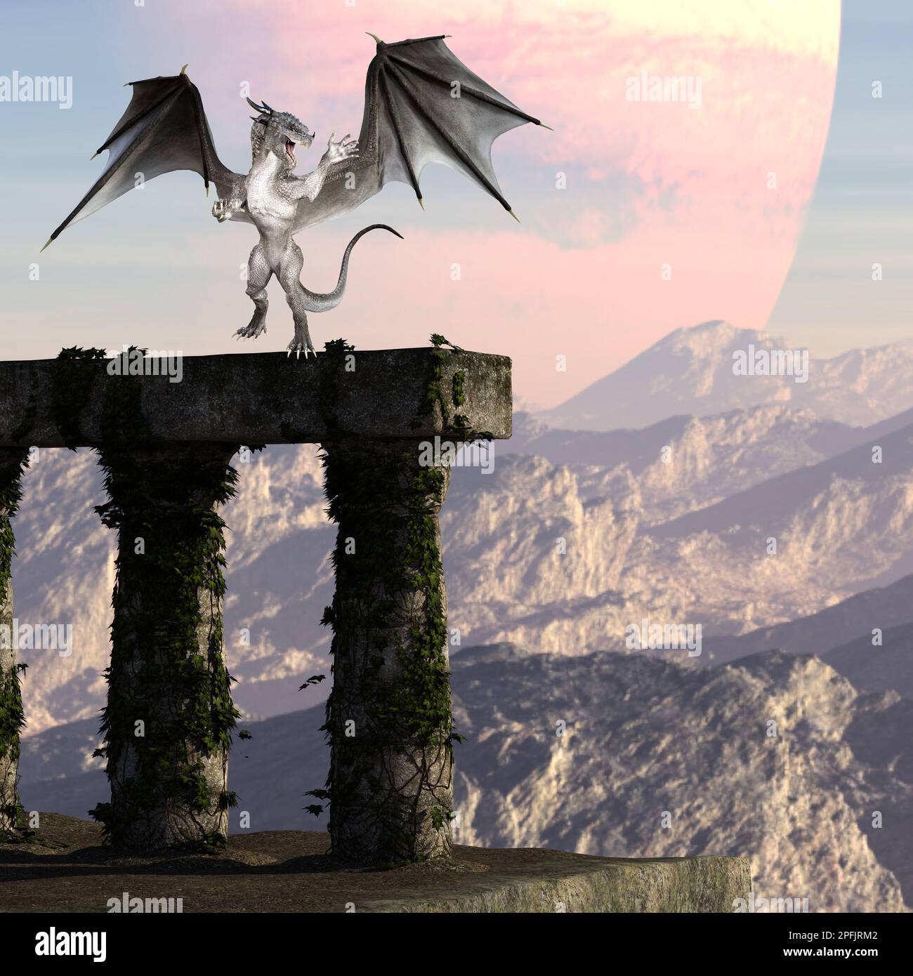 3d illustration of an angry gray dragon with spread wings standing ...