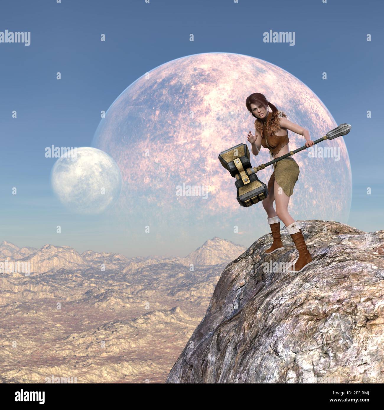 3d illustration of a barbaric woman with a huge hammer in a defensive ...