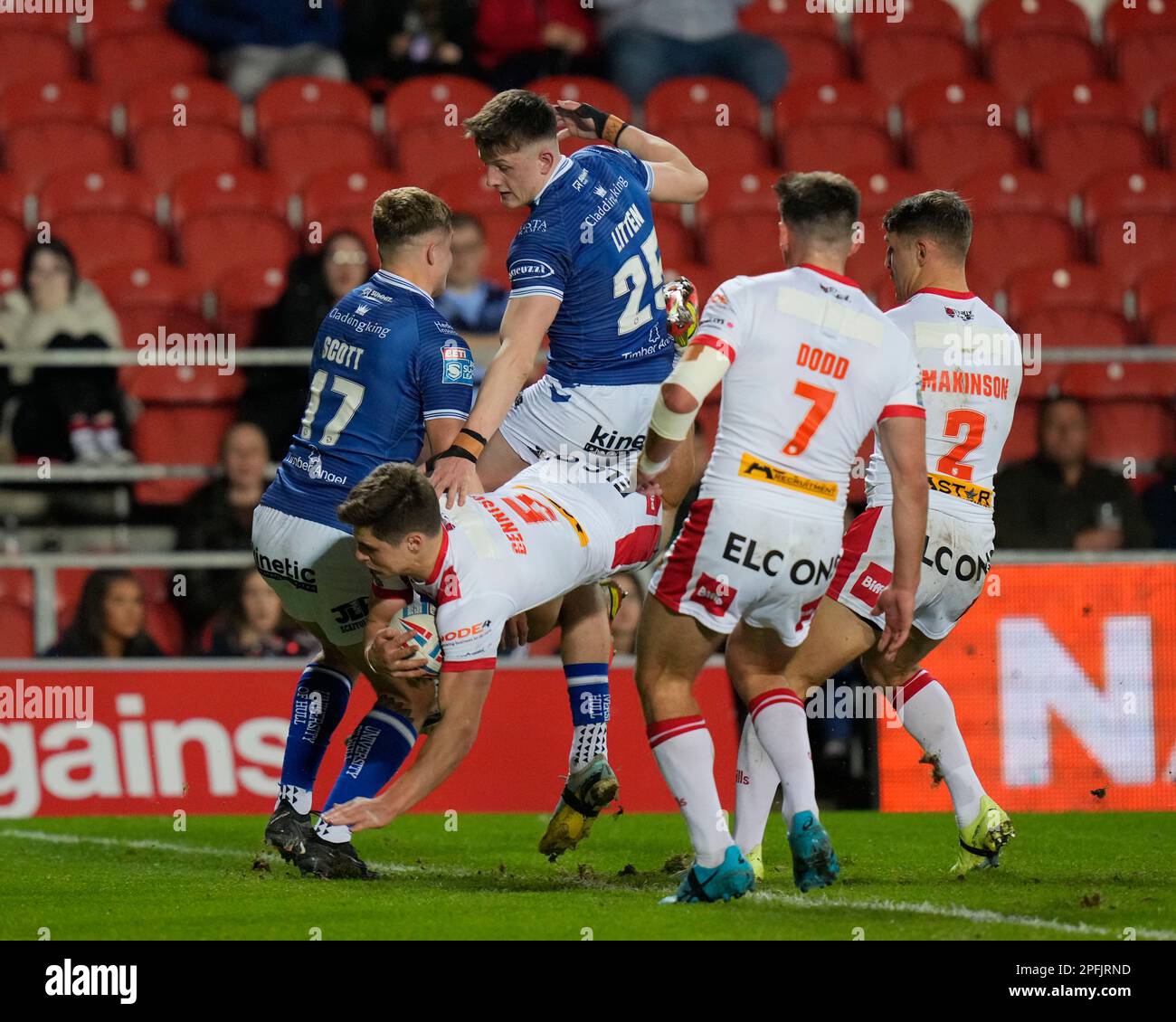St Helens, UK. 17th Mar, 2023. Davy Litten #25 of Hull FC competes for ...