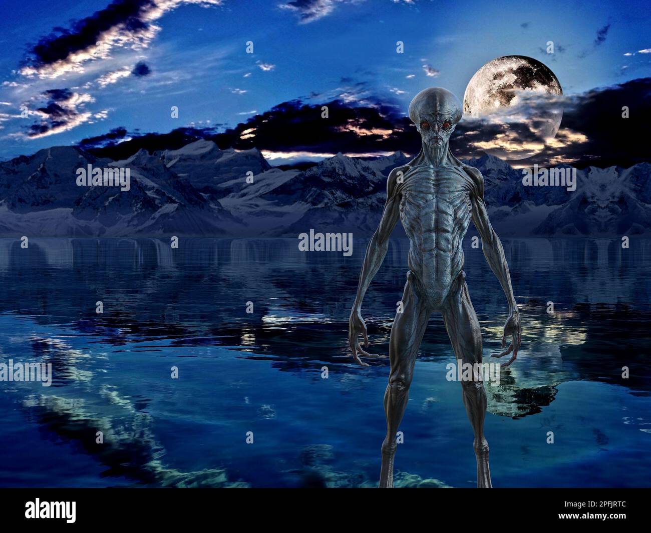 3d Illustration of a male alien in the foreground with a lake and moon ...
