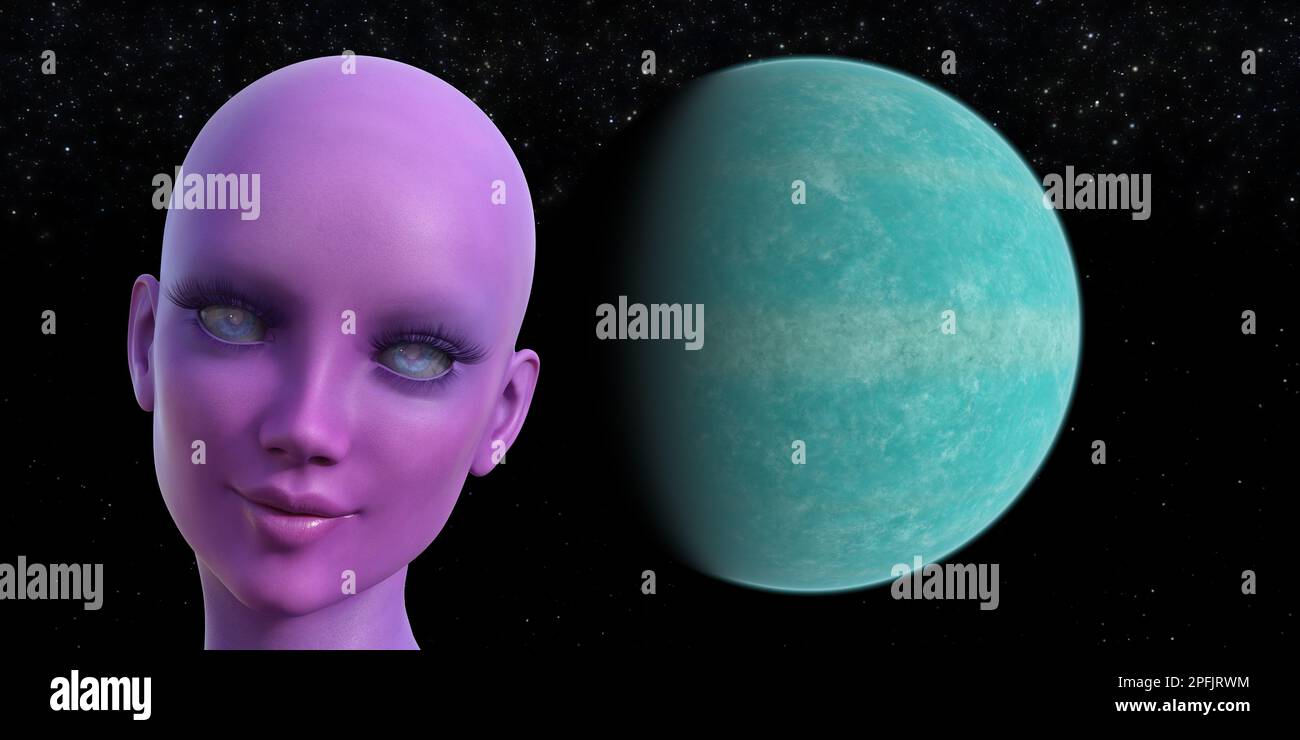 3d illustration of a pink skinned bald female alien with opaque eyes ...