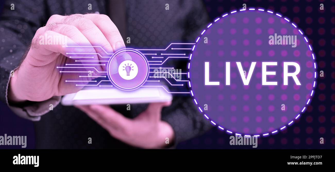 Hand writing sign Liver. Word Written on Large lobed glandular organ in ...