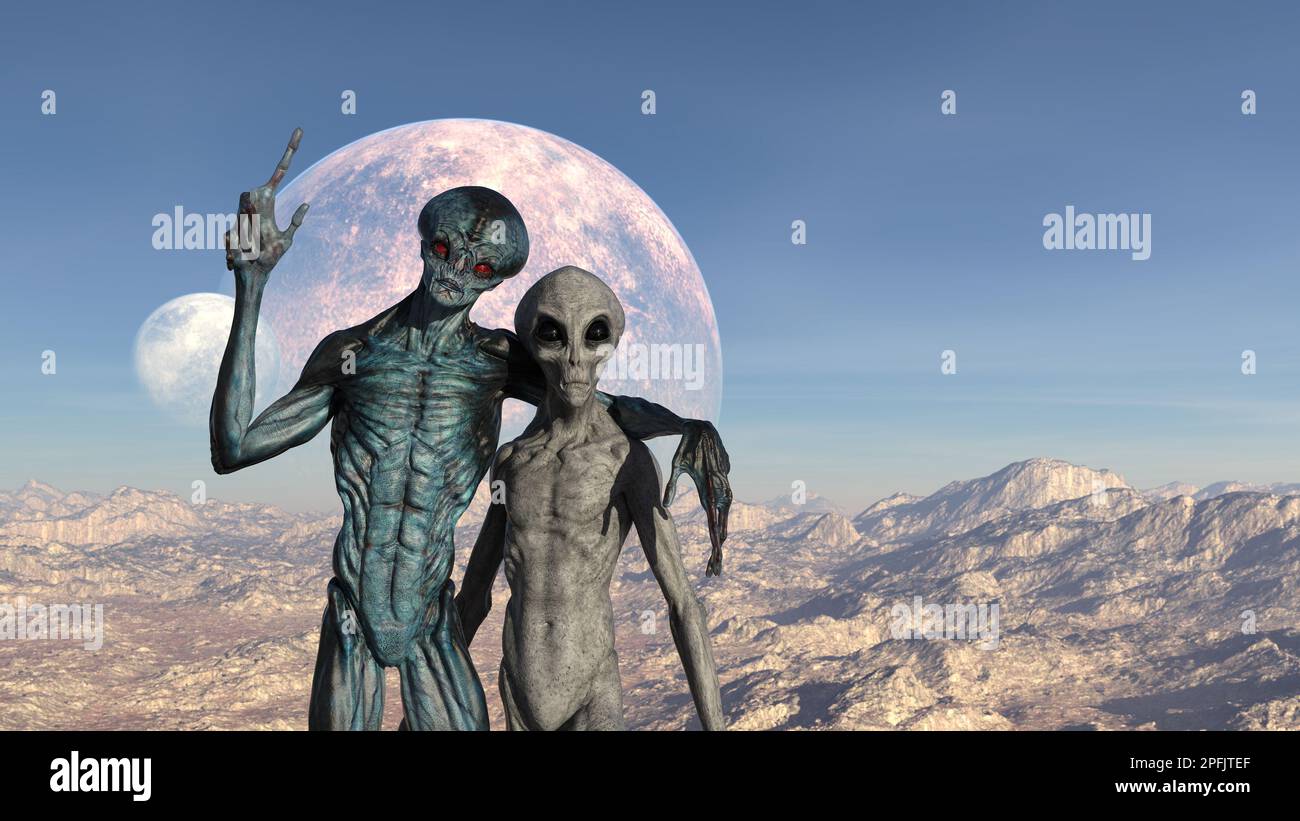 3d illustration of a blue alien with a finger up and arm around the ...