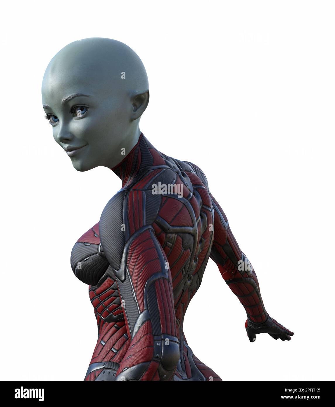 3d illustration of a pixyish elf type alien in a red form fitting suit ...