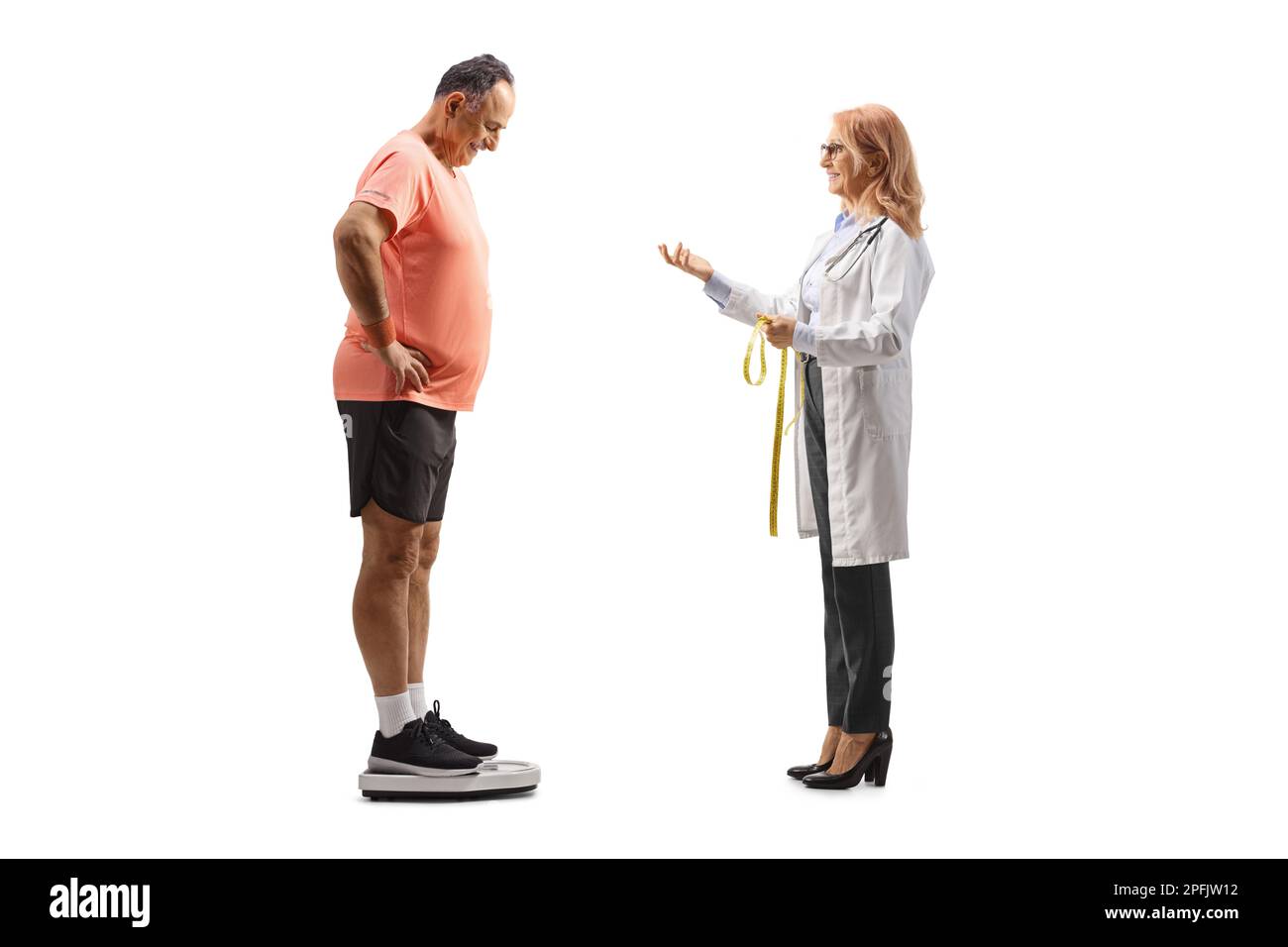 Full length profile shot of a female doctor talking to a mature man on ...