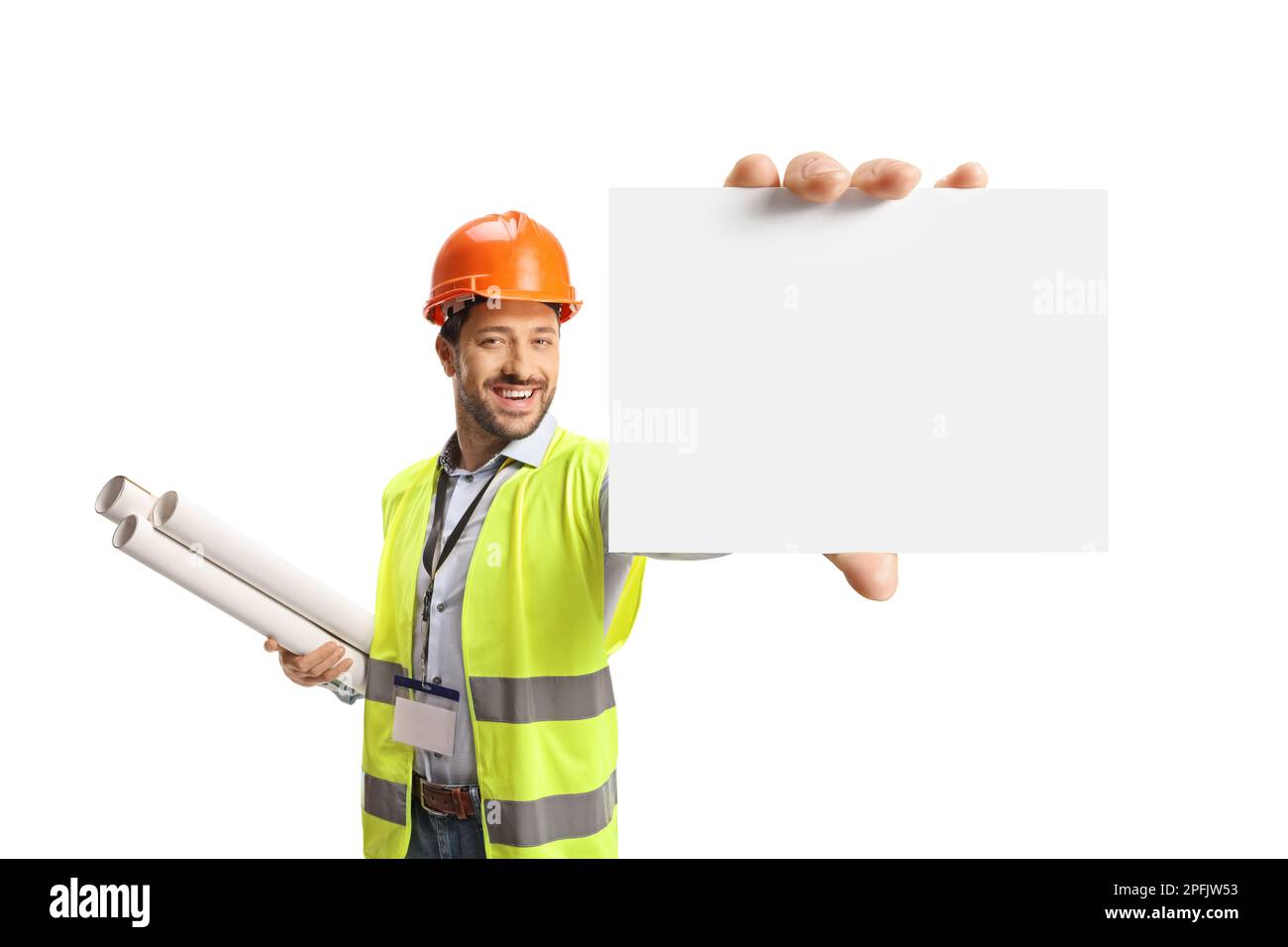 Engineer holding blueprints and showing a blank card isolated on white ...