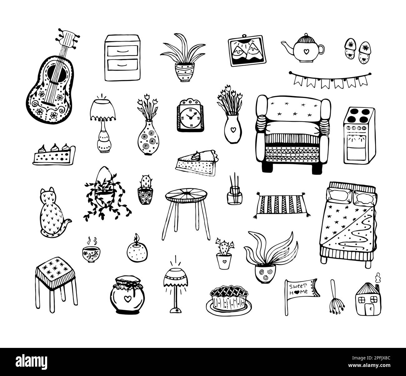 Cozy home items, black and white doodle set Stock Vector Image & Art ...