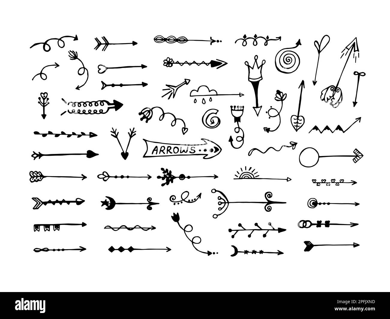 Different types of arrows, black and white doodle set Stock Vector ...