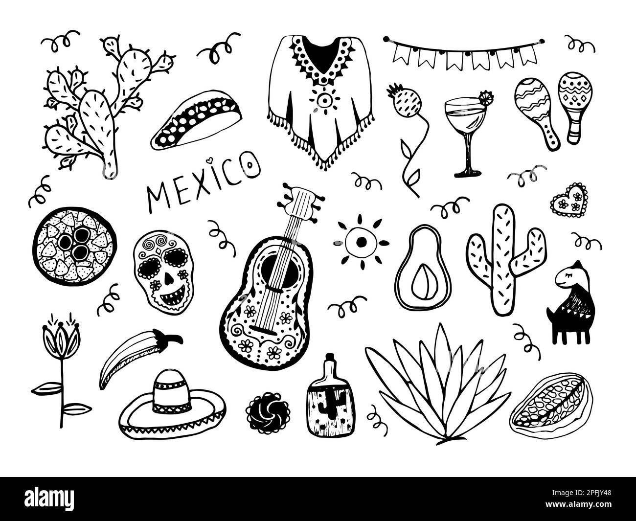 Mexican symbols, black and white doodle set Stock Vector Image & Art ...