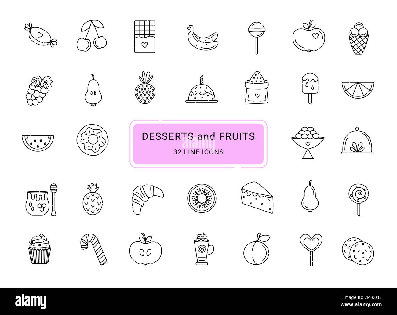 Desserts and fruits, 32 black line vector icons Stock Vector Image & Art - Alamy
