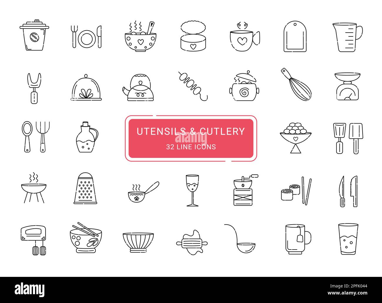 Utensils and cutlery, 32 cute line vector icons Stock Vector Image ...