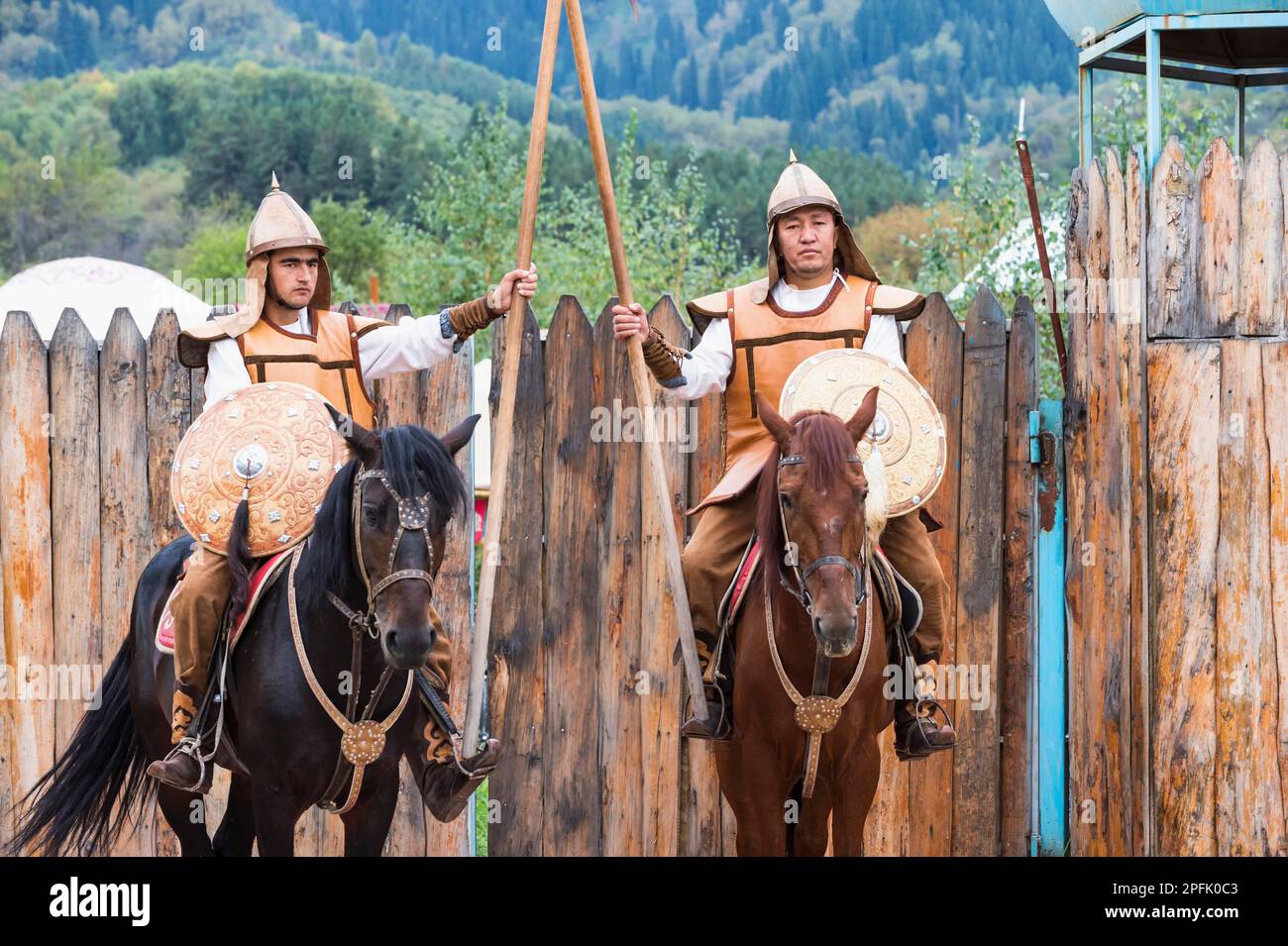 Two horsemen in front of the entrance to the Kazakh ethnographic ...