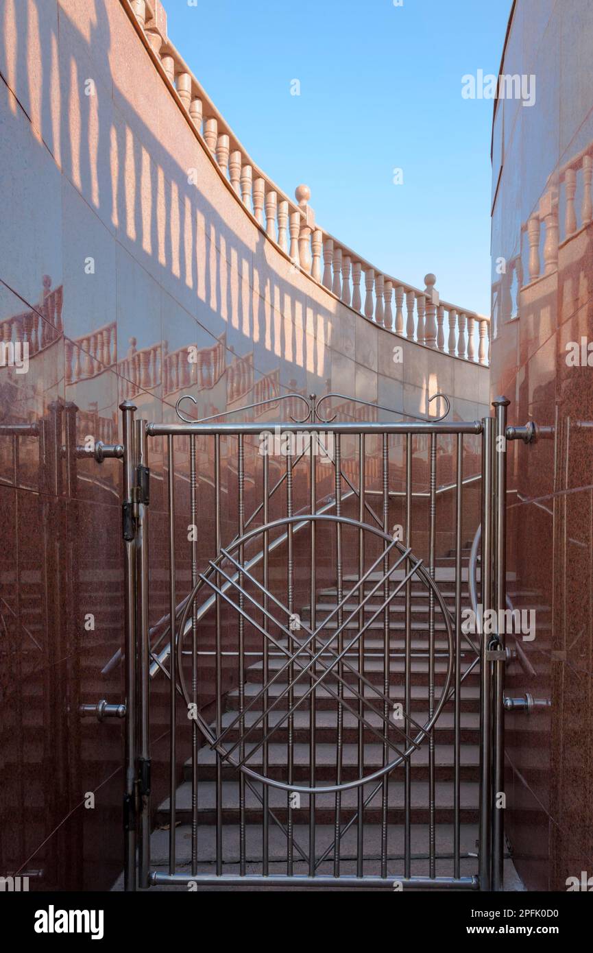 Stairs leading to the terrace of the base of the Altyn Shanyrak ...