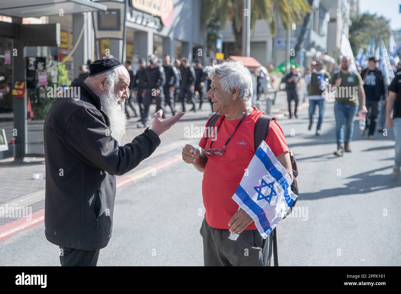 Bnei Brak, Israel. 16th Mar, 2023. Israeli reserve soldier against the ...