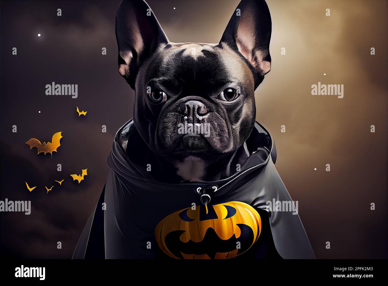 Black french bulldog sitting on Halloween in black cape on a dark ...