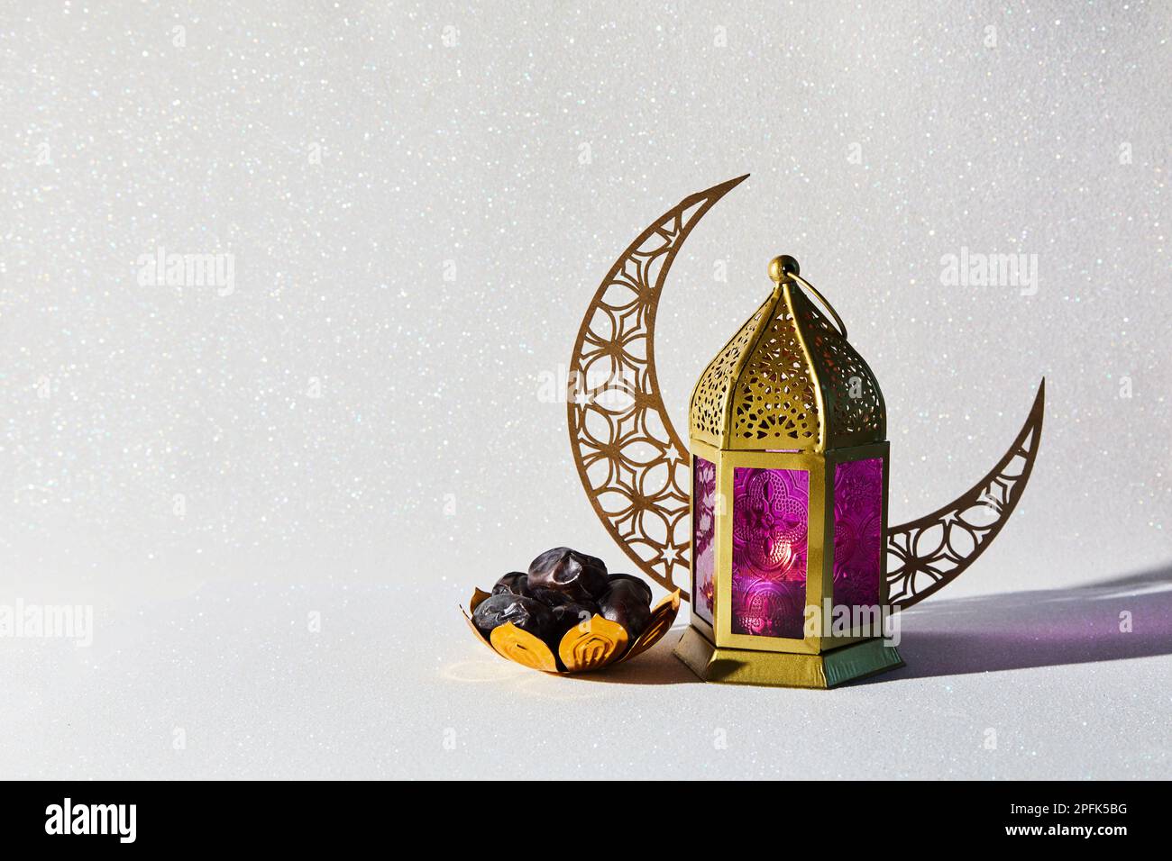 Muslim Holy Month Ramadan Kareem. Lantern, moon symbol and small plate ...