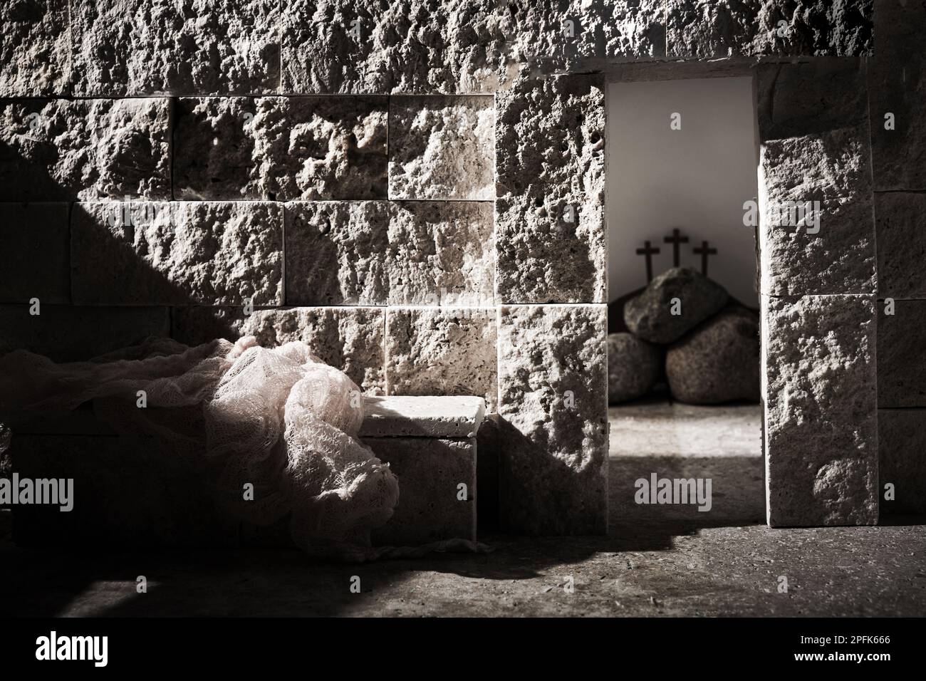 Empty tomb while light shines from the outside. Jesus Christ ...