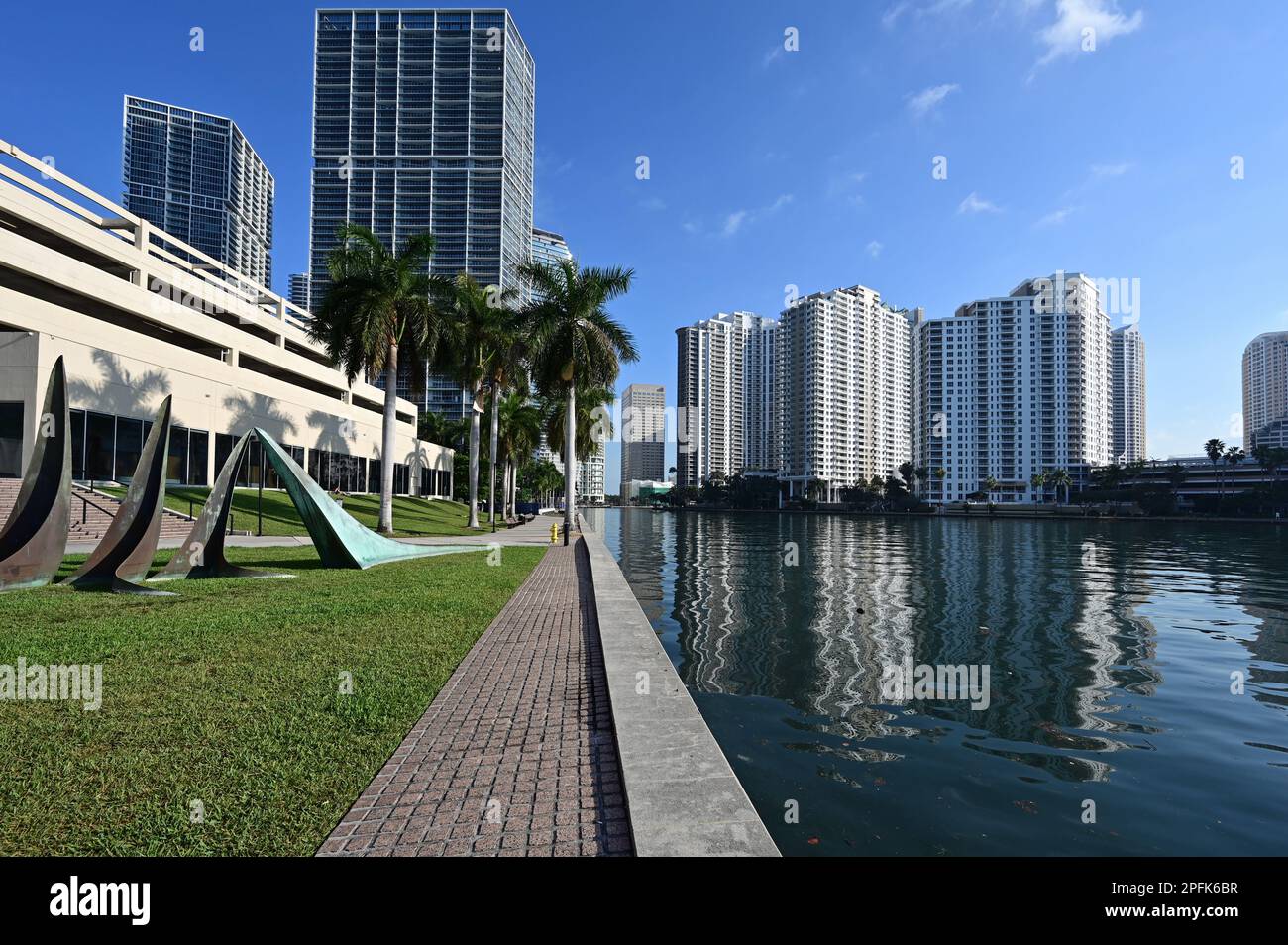 Brickell Bay Walk and surrounding buildings on clear sunny morning in ...
