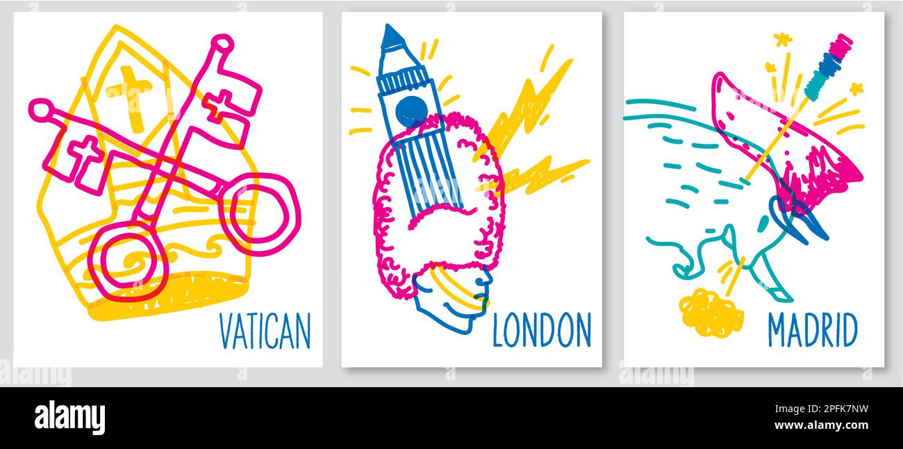 Doodle posters of various symbol cities , Different culture ...