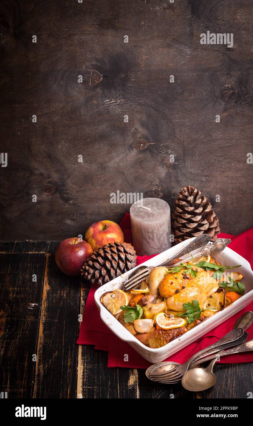 Roasted chicken. Christmas food background. Rustic celebration table ...