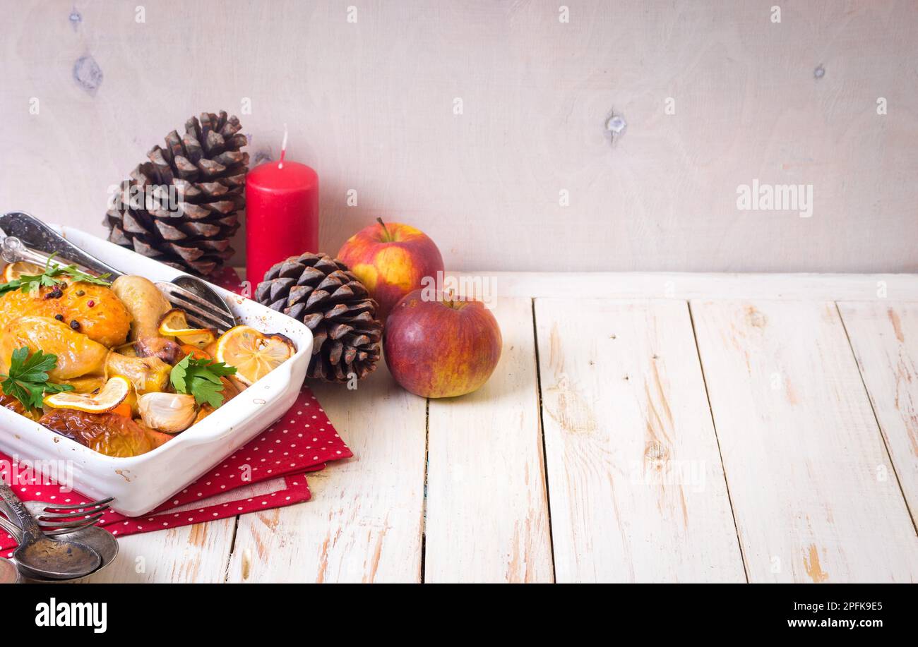 Roasted chicken. Christmas food background. Celebration white wooden ...