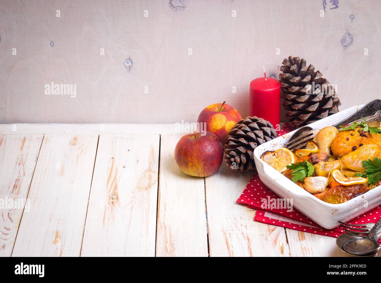 Roasted chicken. Christmas food background. Celebration white wooden ...