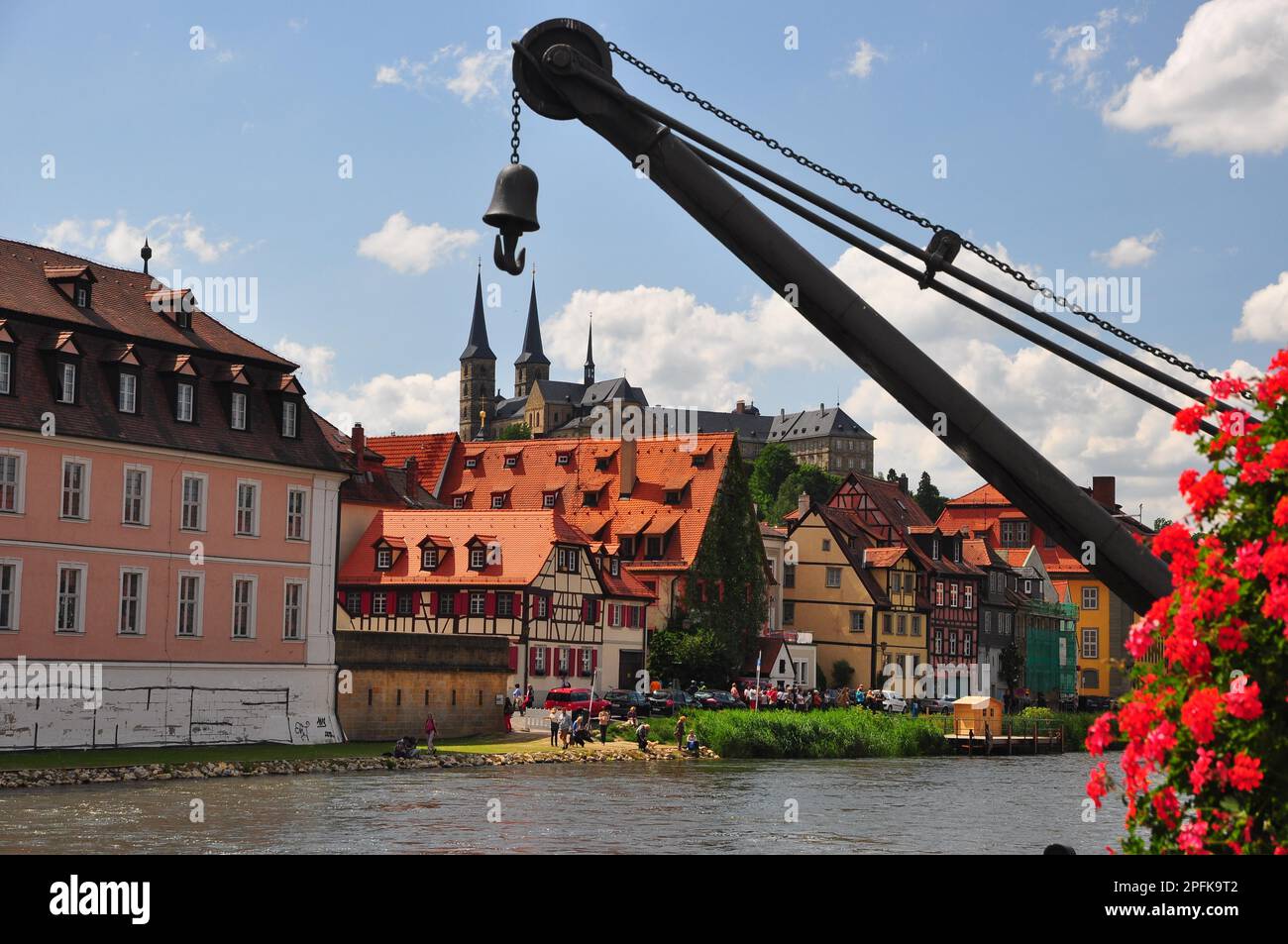 Half-timbered house, Regnitz, cathedral, crane, Bamberg, bishop's town ...
