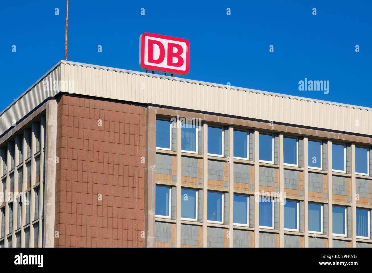 Business building with sign and logo DB, Deutsche Bahn, Hagen, North ...