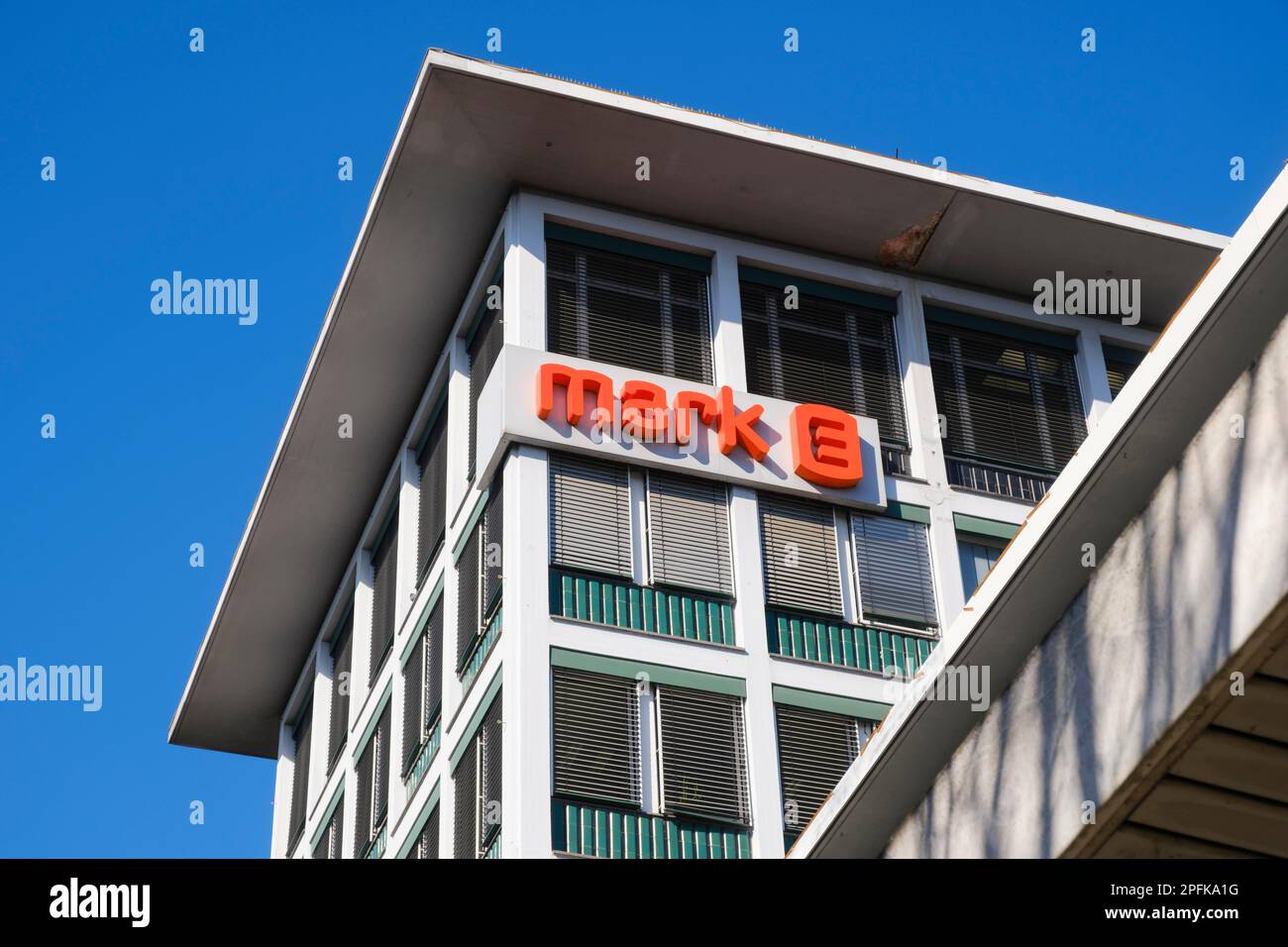 Building with logo and sign, Mark-E, electricity supply company, energy ...
