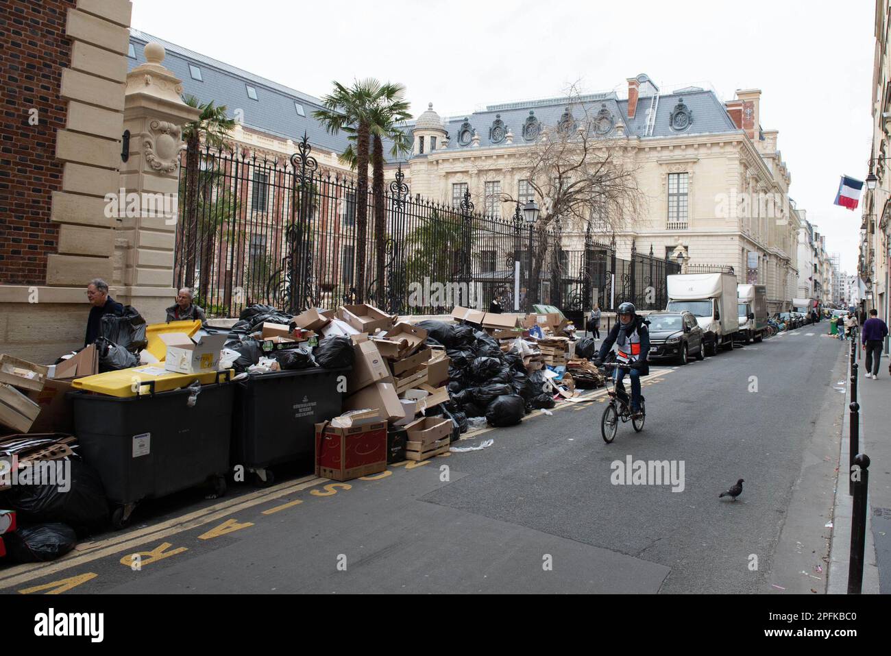PARIS, FRANCE - MARCH 17: Rubbish and overflowing bins line a street outside the French Library ...