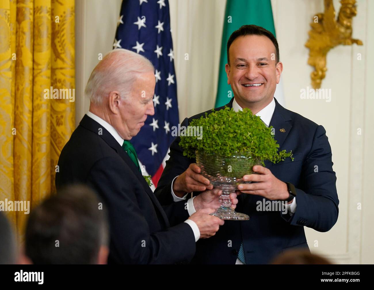 Taoiseach Leo Varadkar (right) presents US President Joe Biden with a ...