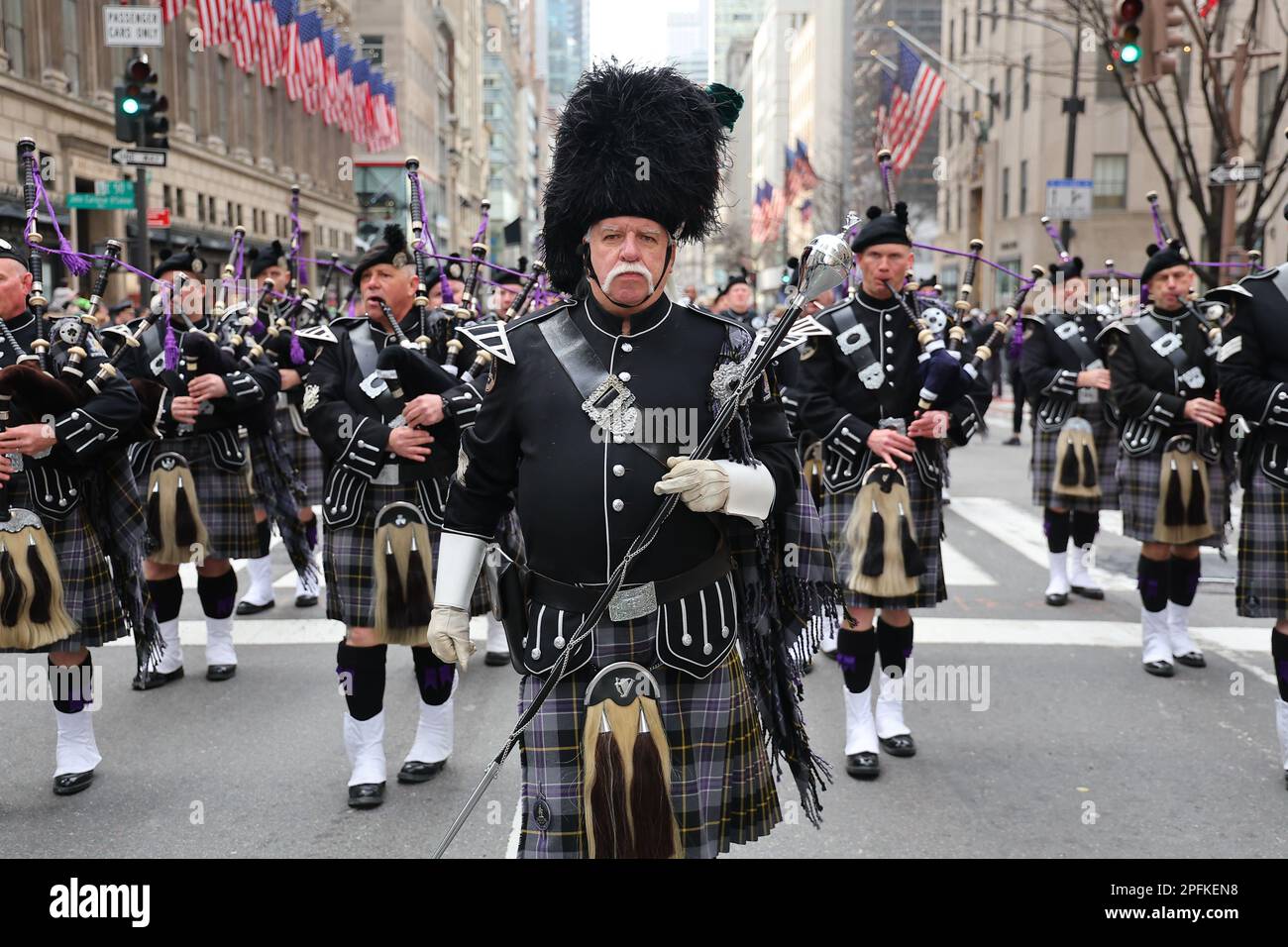New York State Police Pipe Band march up Fifth Avenue during the St ...
