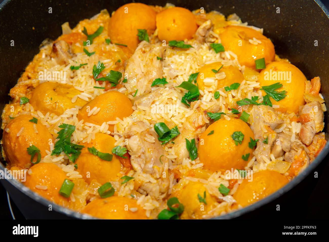 Traditional Brazilian delicacy, rice with chicken and pequi (Caryocar ...