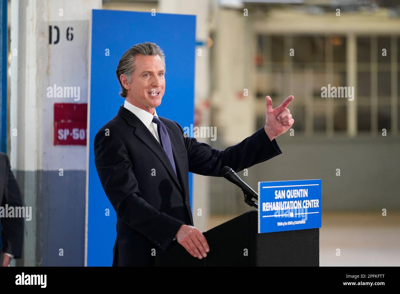 California Gov. Gavin Newsom speaks inside a warehouse at San Quentin ...