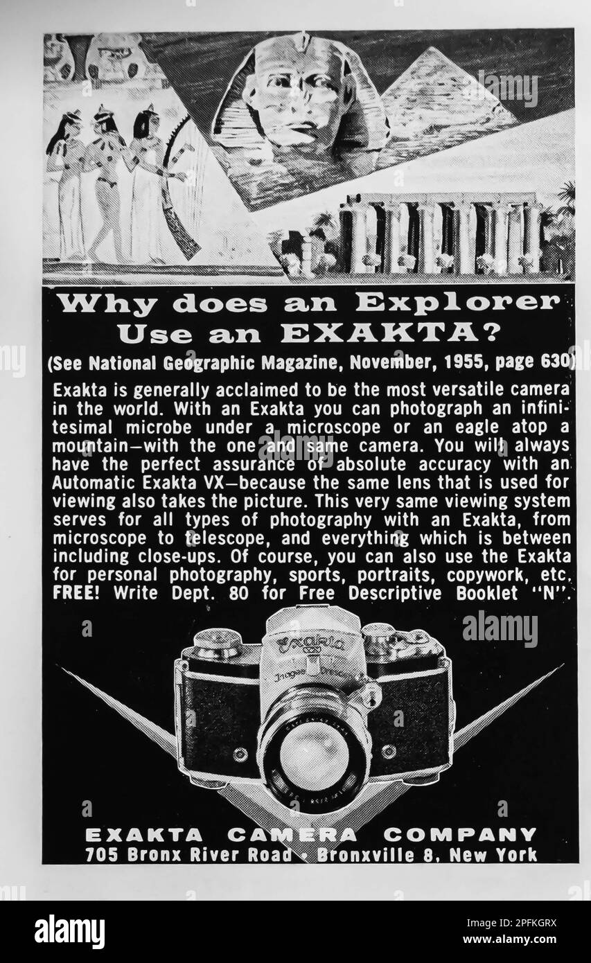 Exakta camera advert in a Natgeo magazine, October 1956 Stock Photo - Alamy