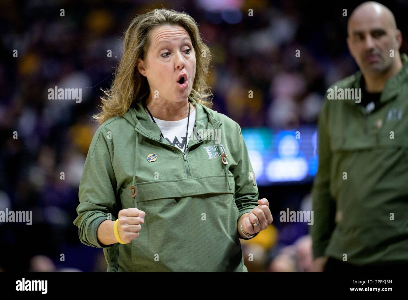 Hawaii coach Laura Beeman reacts during the first half of the team's ...