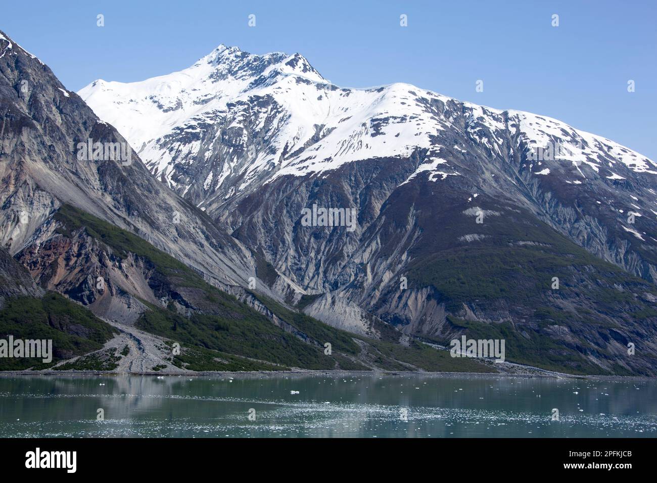 The springtime view of snowy tall mountain and icy water in Glacier Bay ...