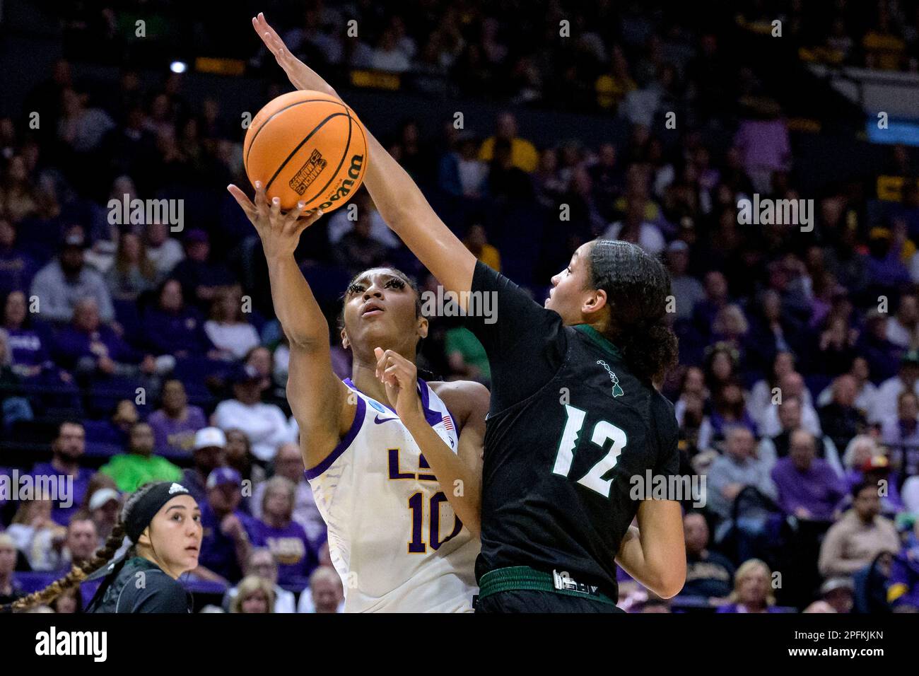 LSU forward Angel Reese (10) shoots against Hawaii forward Imani Perez ...