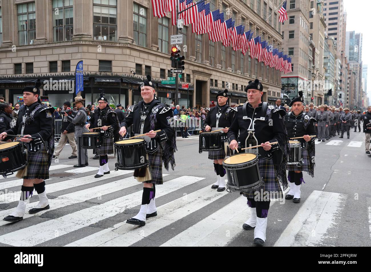 New York State Police Pipe Band march up Fifth Avenue during the St ...
