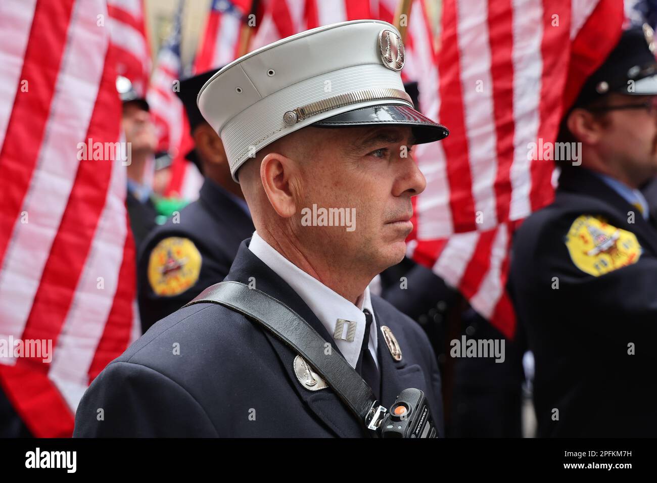 Members of the New York City Fire Department Color Guard carry flags ...