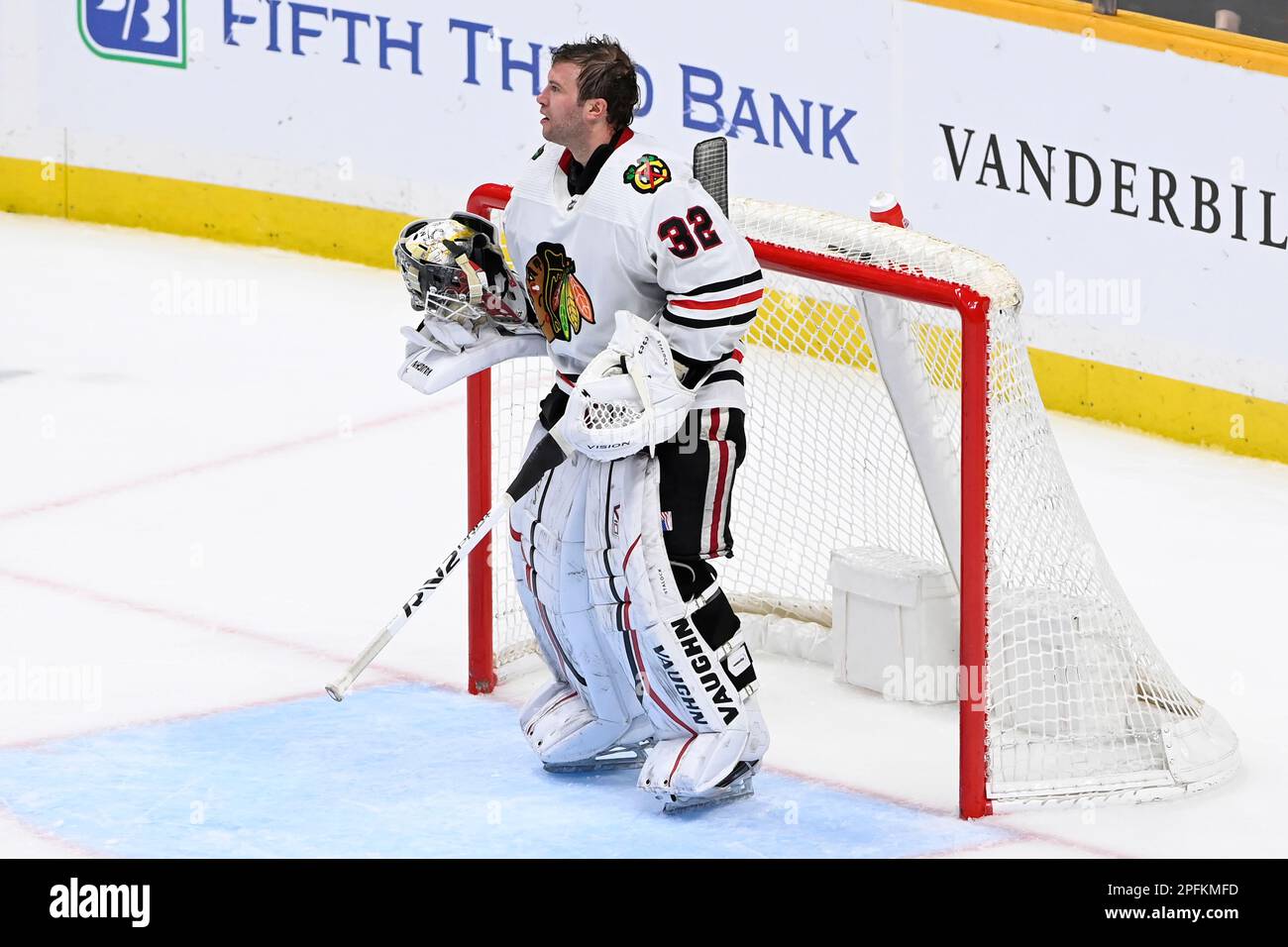 Chicago Blackhawks goaltender Alex Stalock (32) looks to the bench ...