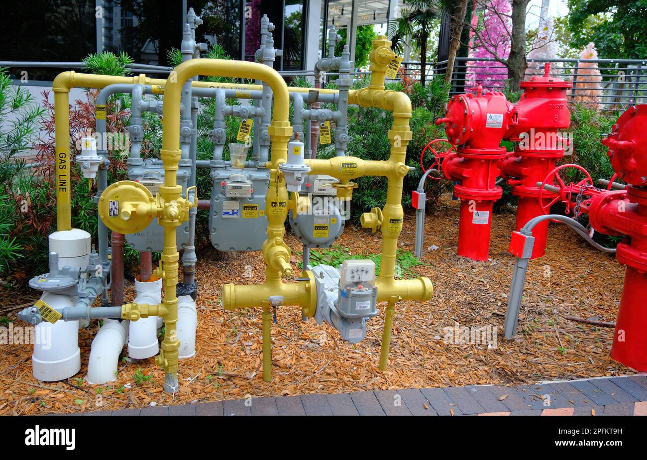 Yellow Gas Lines and Red Fire Pipes Stock Photo - Alamy