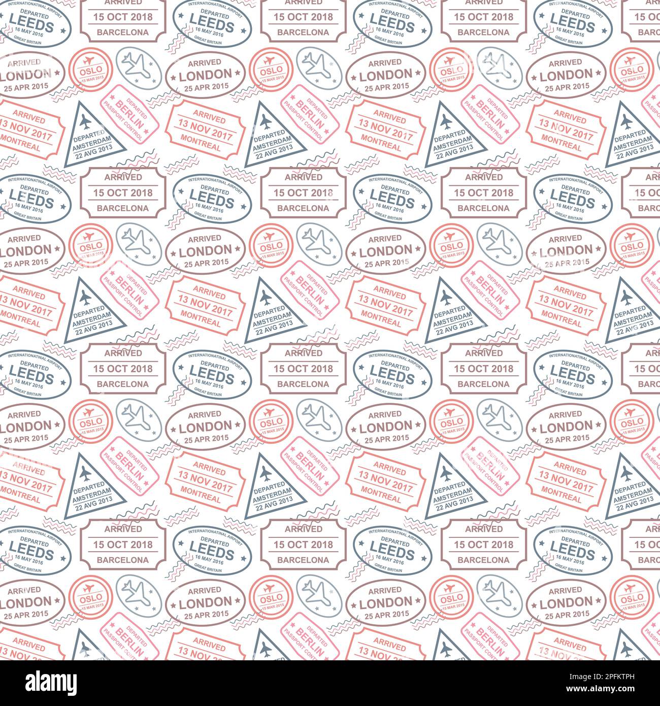 Travel Pattern With Different Countries And Cities Colorful Stamps ...