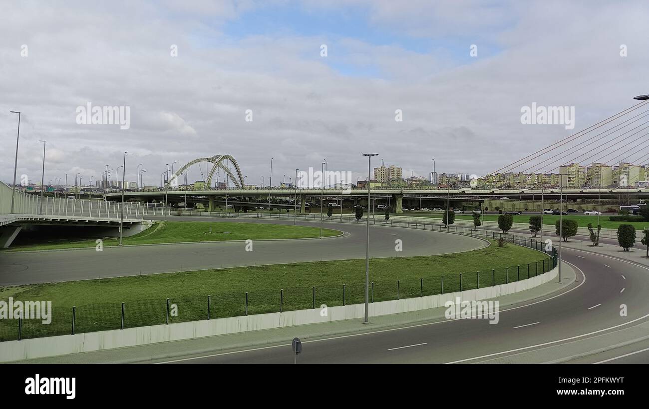 Empty road and bridge near the Olympic Village, Baku, Azerbaijan Stock ...